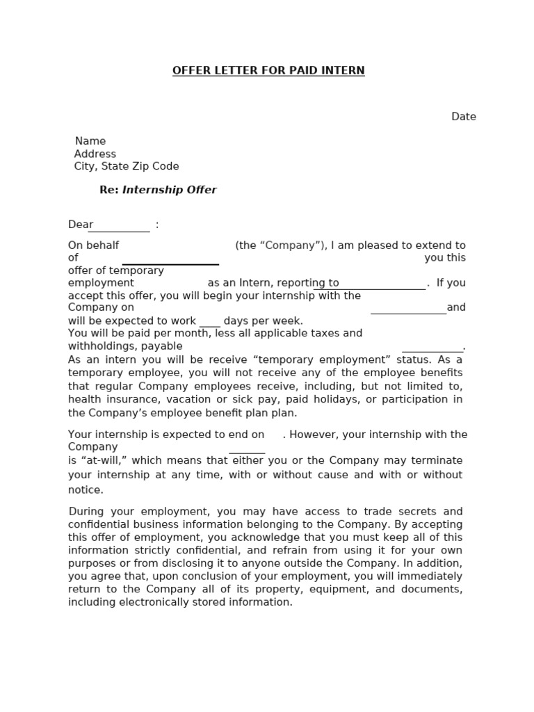 intern-Offer-Letter agreement | PDF | Employment | Internship