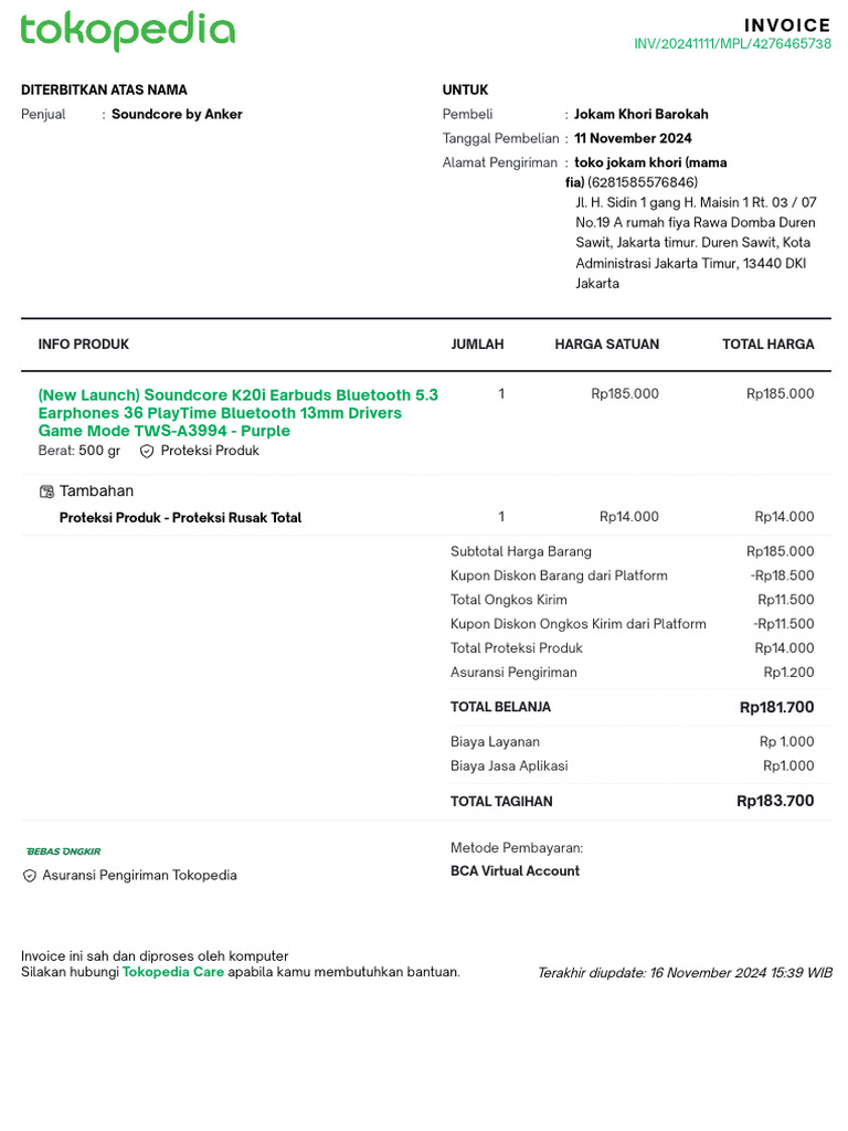 Invoice _ Tokopedia Anker | PDF