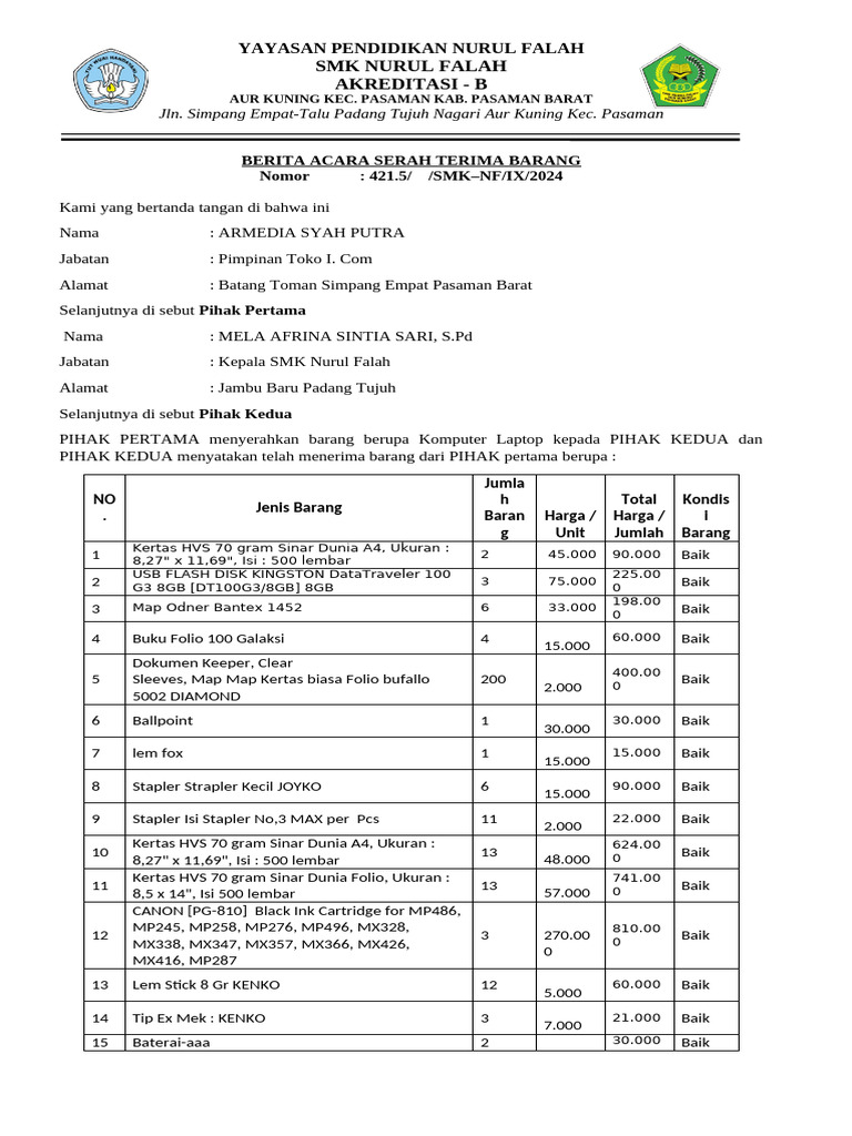 Berita Acara Serah Terima Barang SMK | PDF