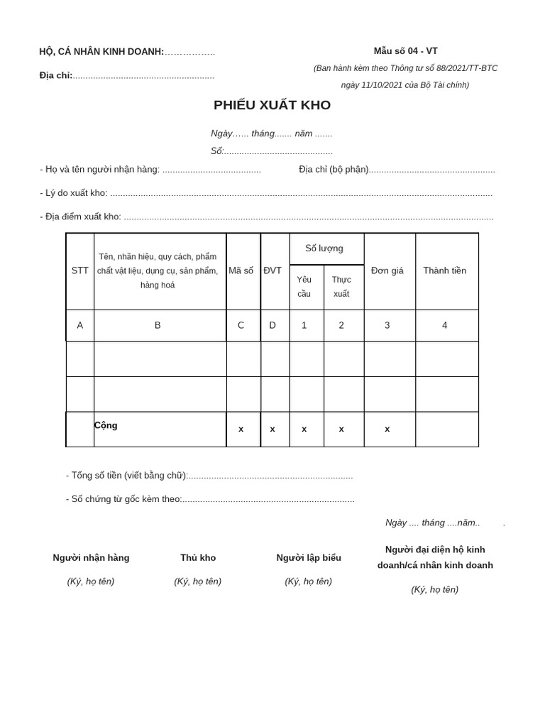 Phieu Xuat Kho tt88 | PDF