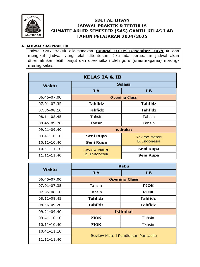 Jadwal Kelas 1 Sas Ganjil 2024 | PDF