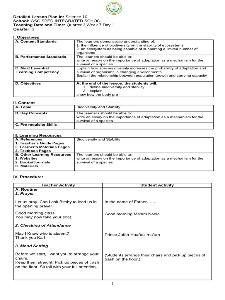 Biodiversity and Ecosystem Stability Lesson | PDF | Brain | Stimulus ...