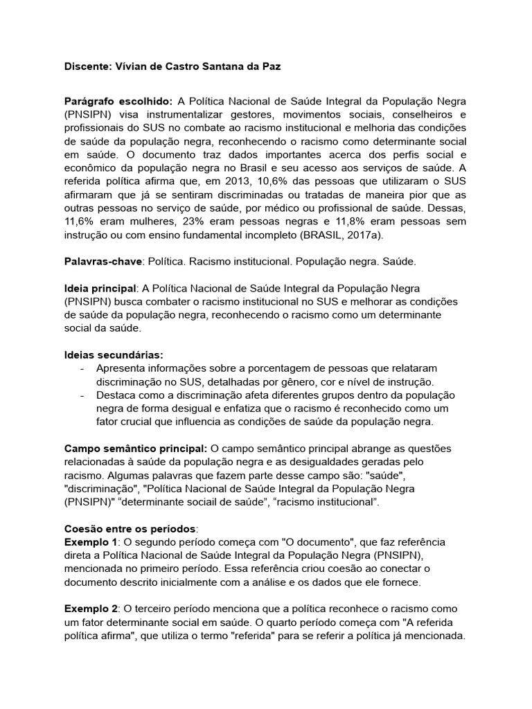 Atividade final- Vívian de Castro Santana da Paz | PDF | Racismo ...