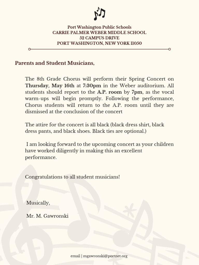 8th Grade Chorus Spring Concert Letter 2024 | PDF