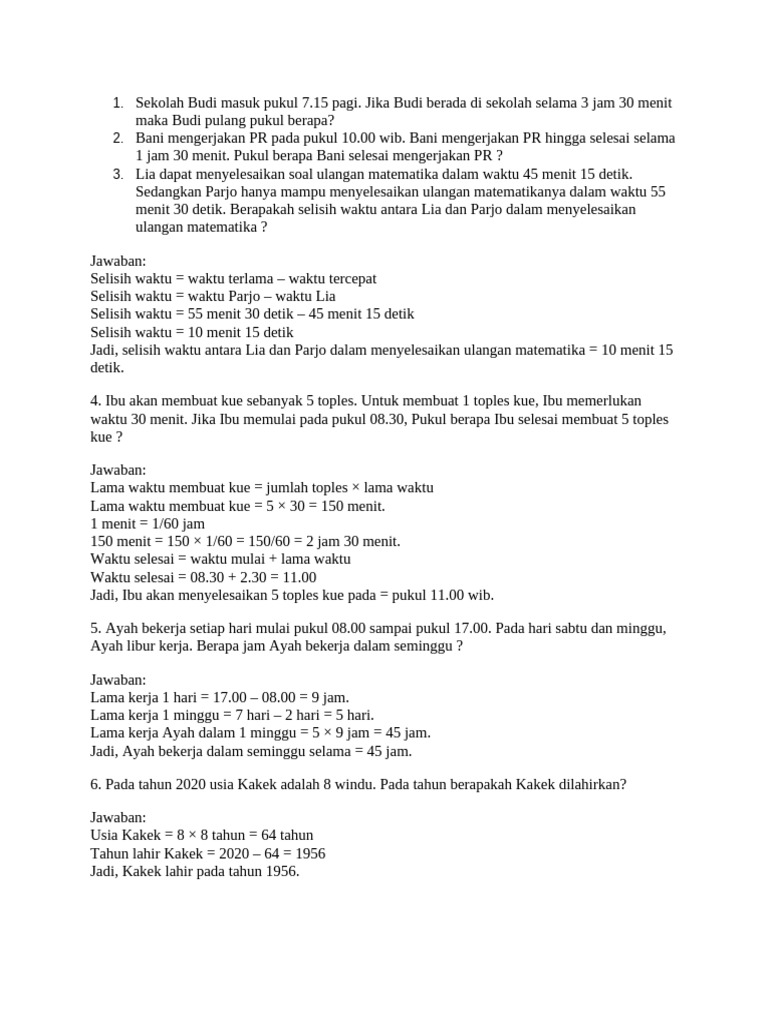 Soal Cerita Satuan Waktu +JWB | PDF