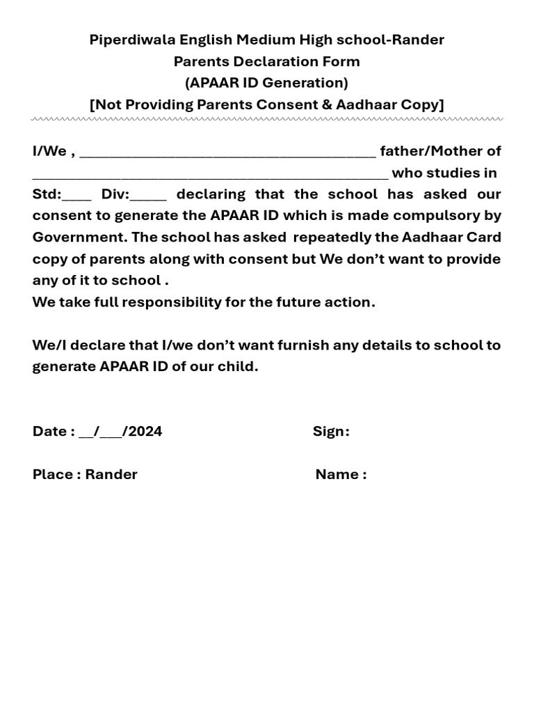 APAAR ID Consent Refusal Form | PDF