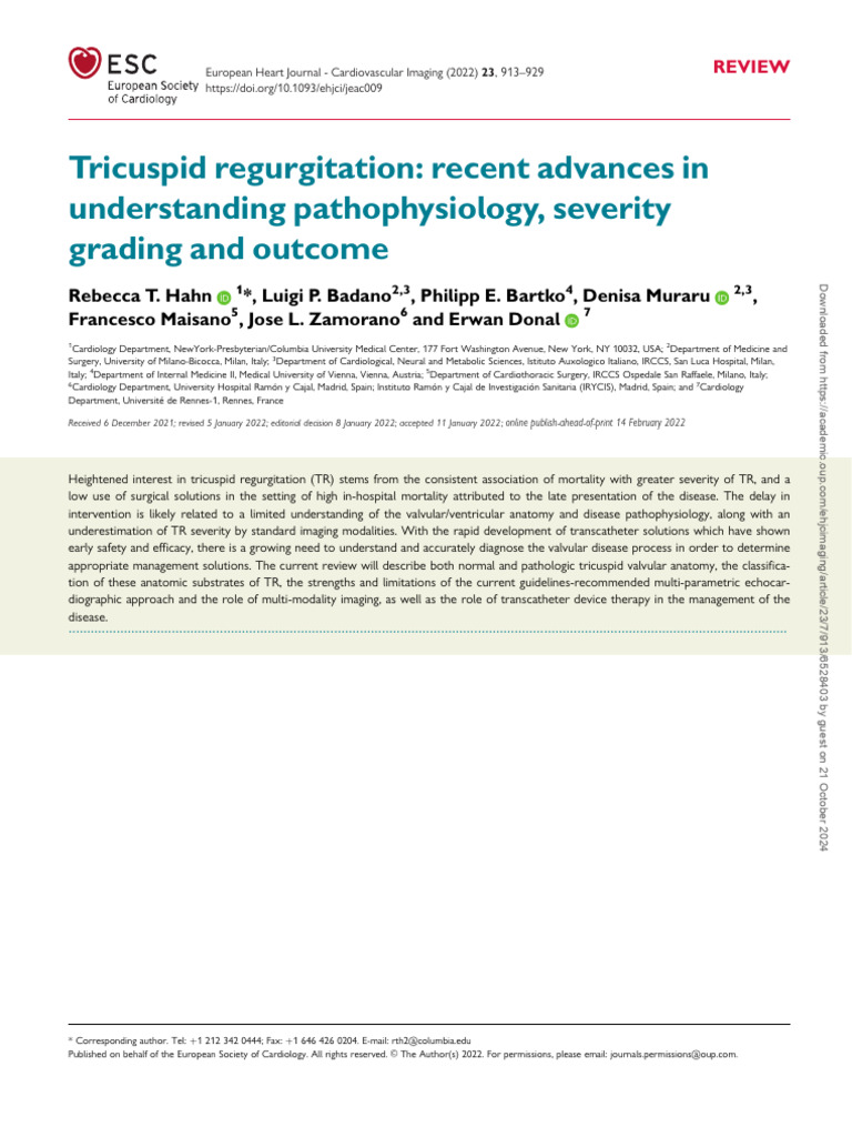 Tricuspid Regurgitation: Recent Advances in Understanding Pathophysiology, Severity Grading and ...