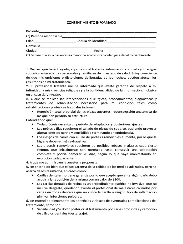 Consentimiento Informado Odontológico | PDF | Consentimiento informado | Odontología