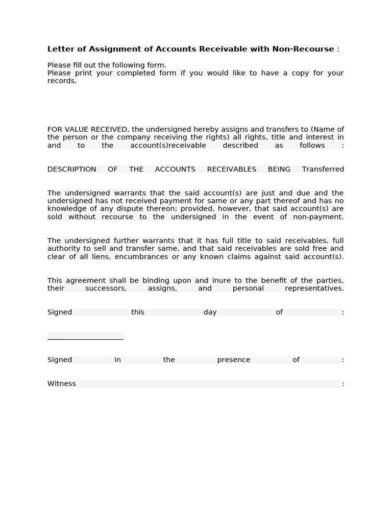 Letter of Assignment of Accounts Receivable With Non-Recourse | PDF