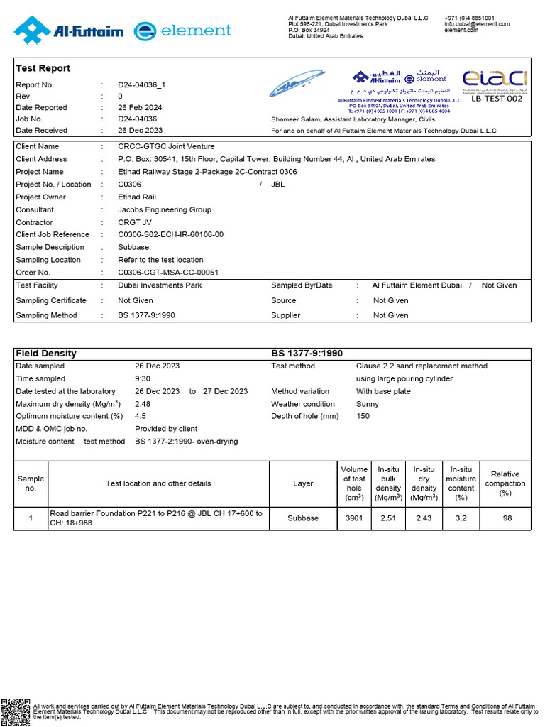 60106 Report_D24-04036_BS 1377_1_FDT_Rev0 | PDF | Density | Dubai