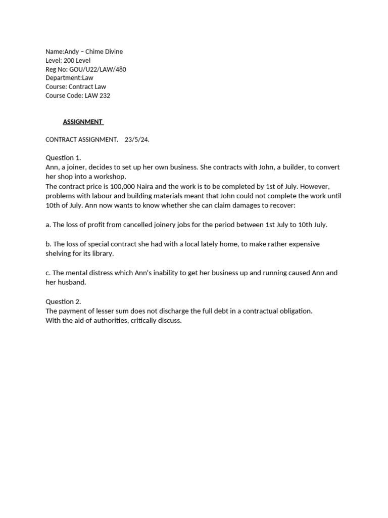 2 Contract Assignment 2nd Semester | PDF | Damages | Consideration