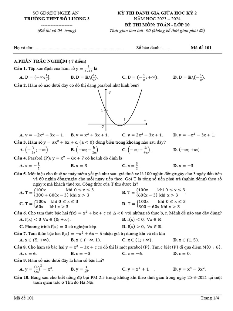 De Giua Hoc Ky 2 Toan 10 Nam 2023 2024 Truong Thpt Do Luong 3 Nghe An | PDF