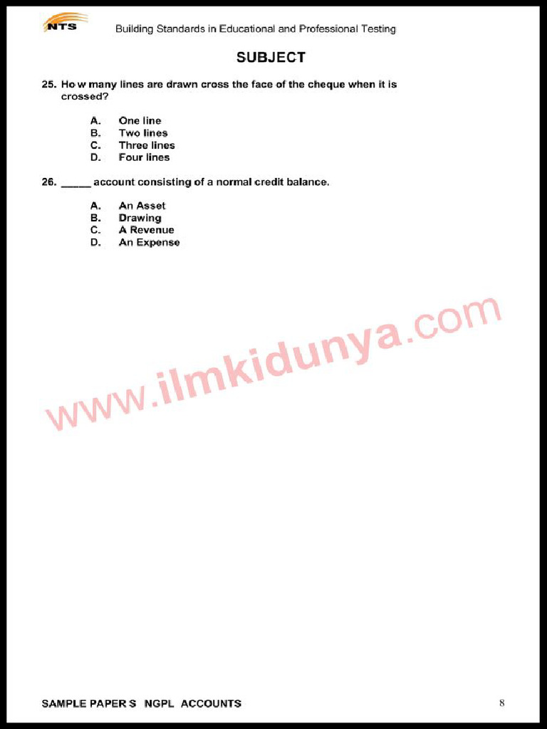NTS Sample Past Papers Accounts Department Subject | PDF
