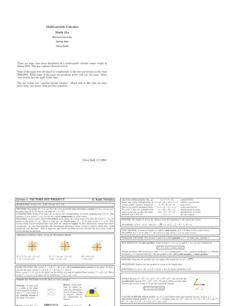 Multivariable Calculus Math 21a: Harvard University Spring 2004 Oliver ...