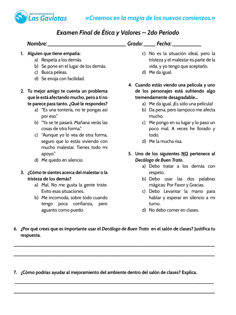 Examen Final 2do Periodo Ética y Valores | PDF