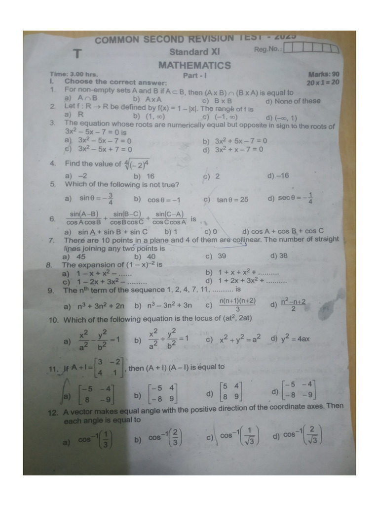 11th Maths 2nd Revision Exam 2025 Original Question Paper Thoothukudi ...