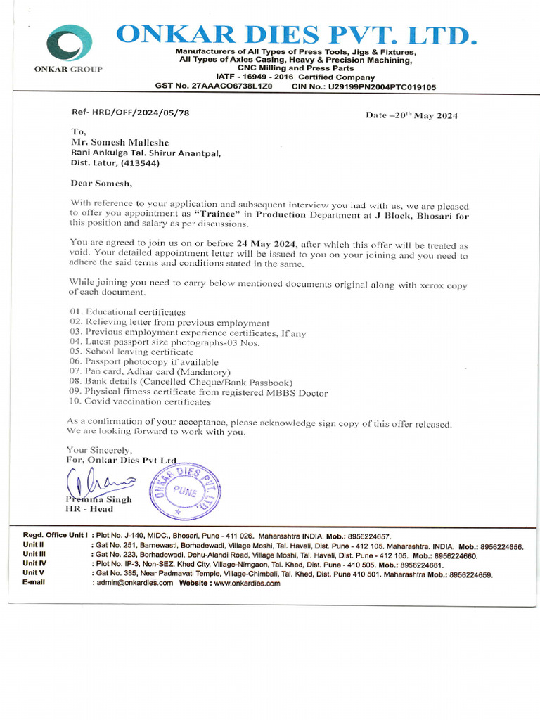 Onkar Dies Job Offer for Production Trainee | PDF