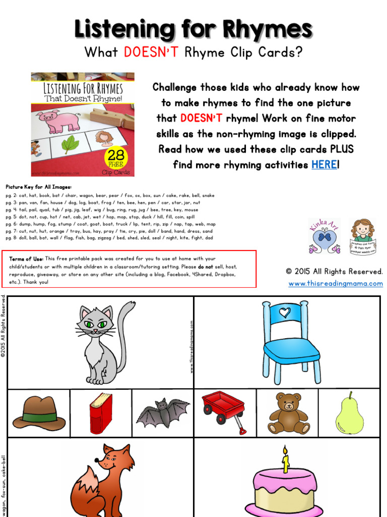 Listening For Rhymes Clip Cards | PDF