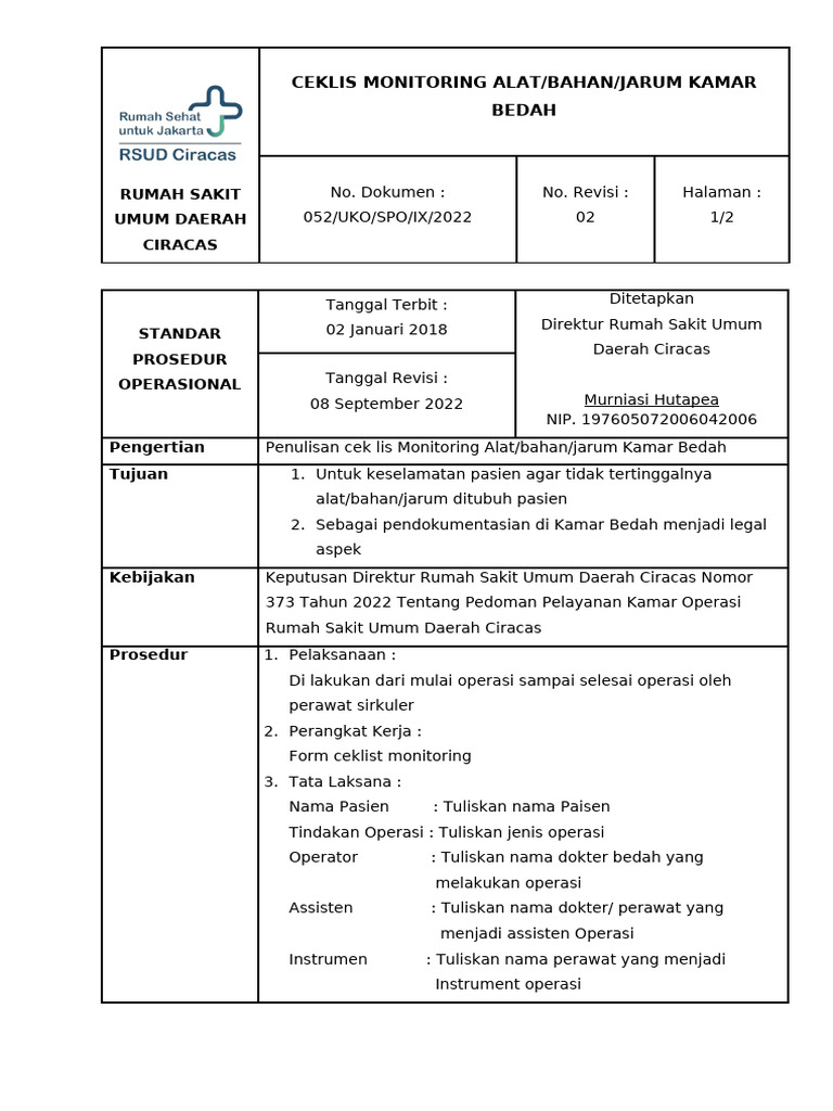 Spo Checklist Monitoring Alat | PDF