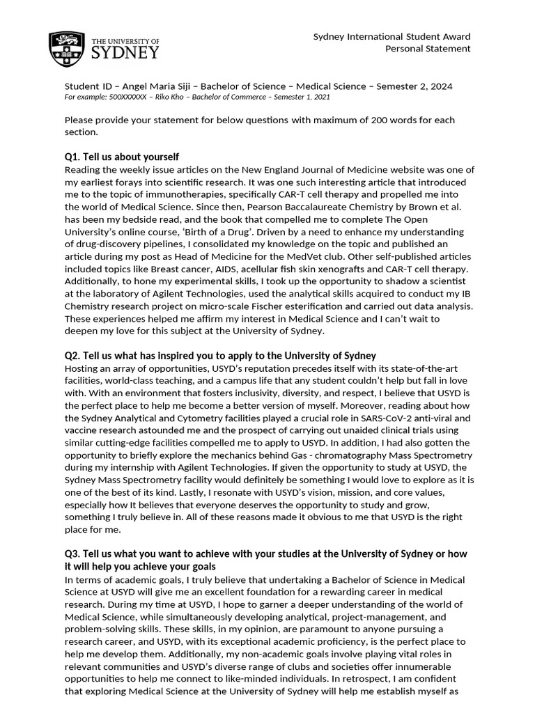 Sydney International Student Award Statement | PDF | Science