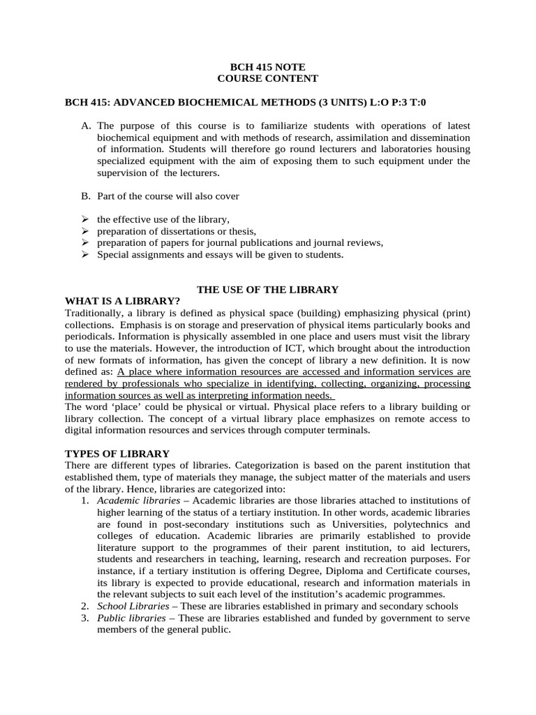 BCH 415 LECTURE NOTE 2025 | PDF | Libraries | Digital Library