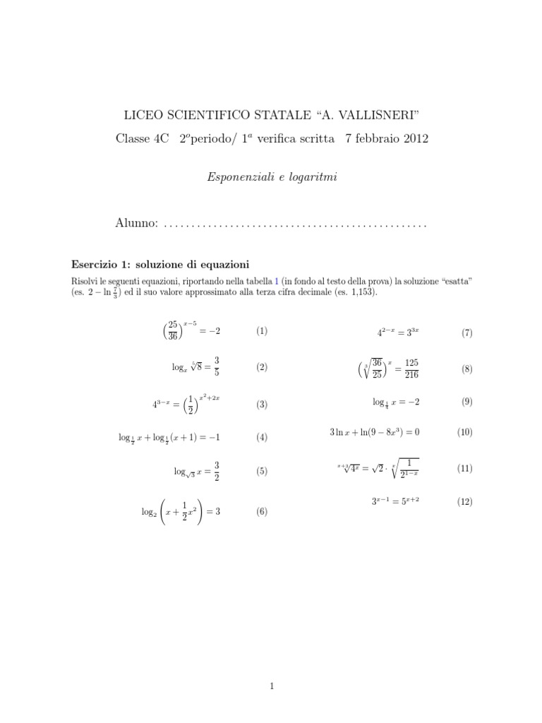 Verifica - Esponenziali e Logaritmi | PDF
