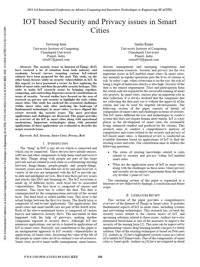 IOT Based Security and Privacy Issues in Smart Cities | PDF | Internet Of Things | Computer Security