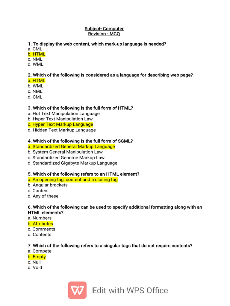 MCQ Computer GSEB Class 10 | PDF | Html | Html Element