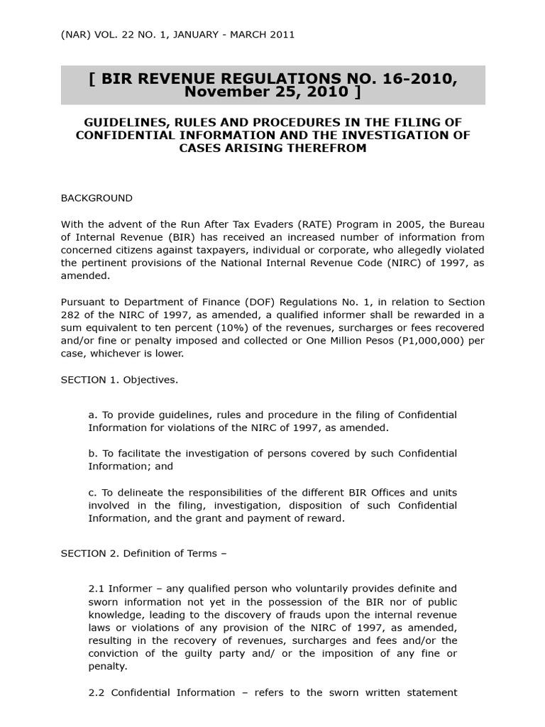 Bir Revenue Regulations No. 16-2010, November 25, 2010 | PDF | Internal ...