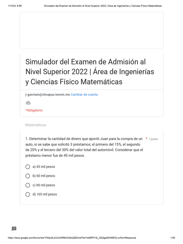 Simulador Del Examen de Admisión Al Nivel Superior 2022 Área de | PDF | Matemáticas | Fórmula