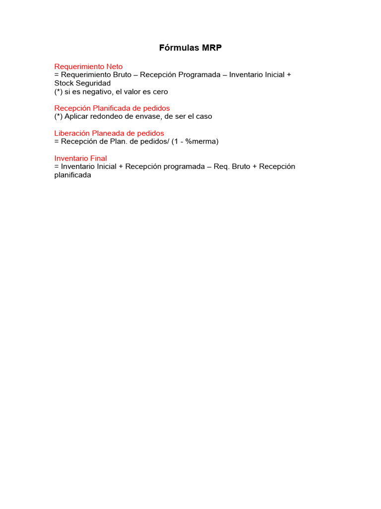 Fórmulas MRP: Cálculos Clave | PDF
