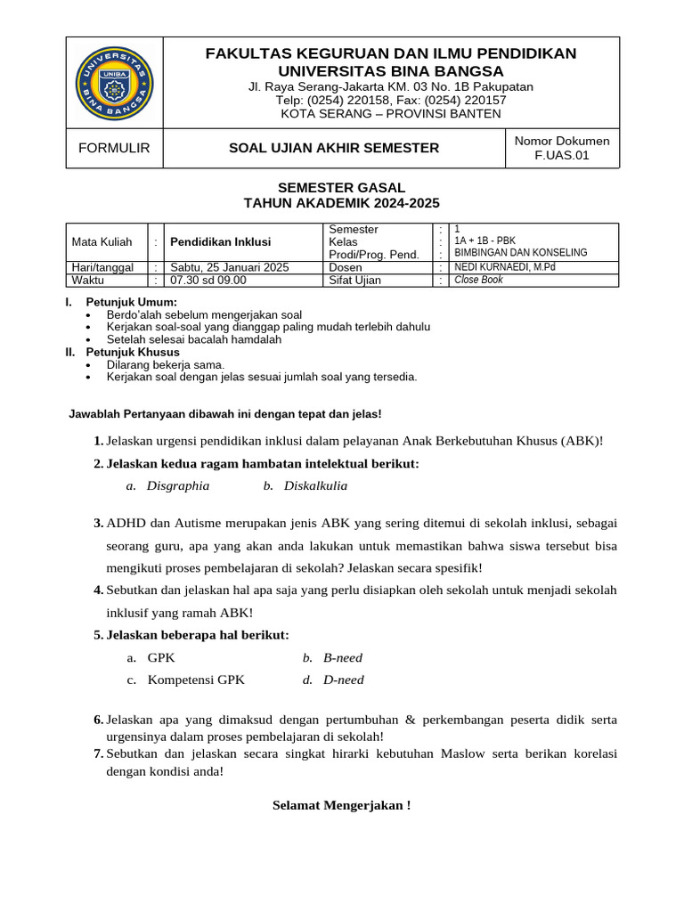 Soal UAS Pendidikan Inklusi (1A+1B-PBK) | PDF