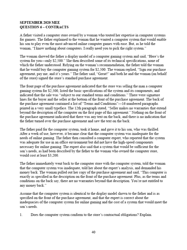 Sept 2020 Q6 MEE Essay - Contracts | PDF | Sales | Contractual Term