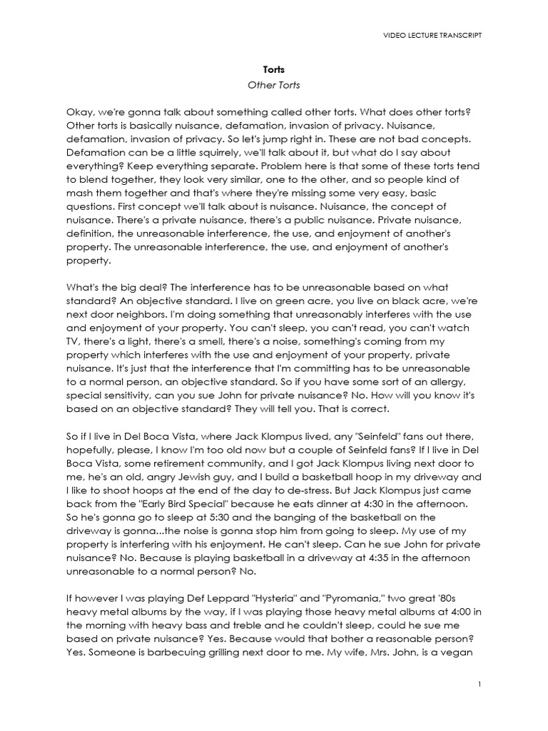Torts Other Transcript | PDF | Tortious Interference | Defamation