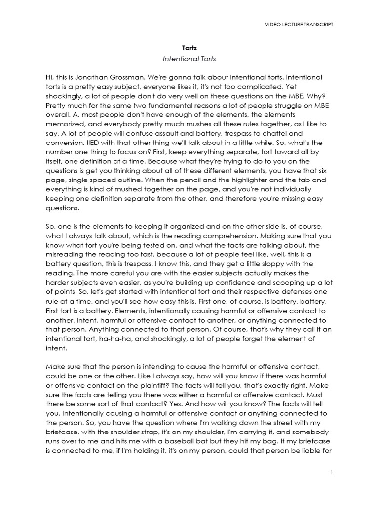 Torts Intentional Transcript | PDF | Conversion (Law) | Intentional ...