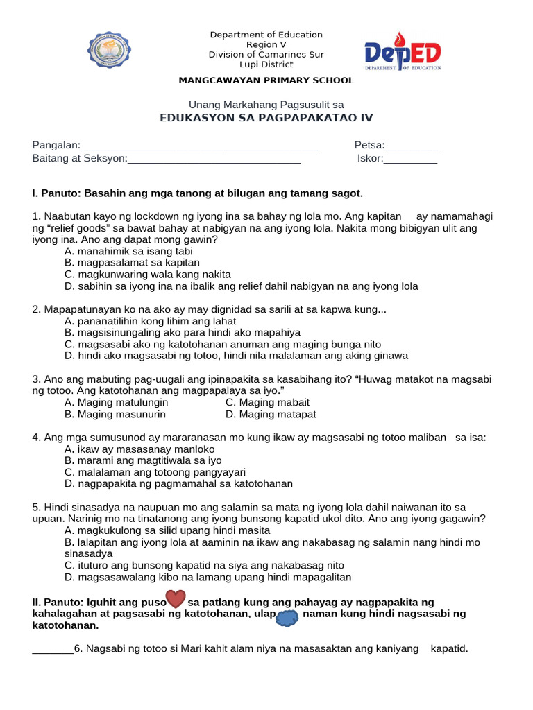 First Quarter - Periodical Test - Esp 2023-2024 | PDF