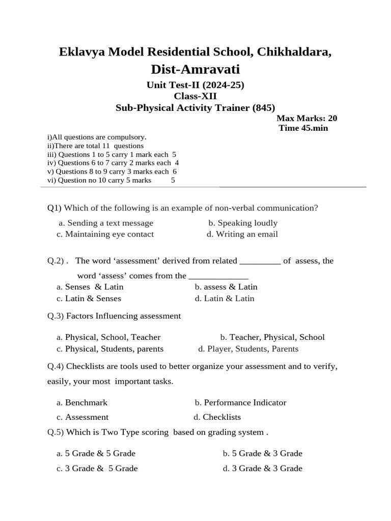 Physical Activity Trainer 12th Unit II Question Paper | PDF | Schools ...