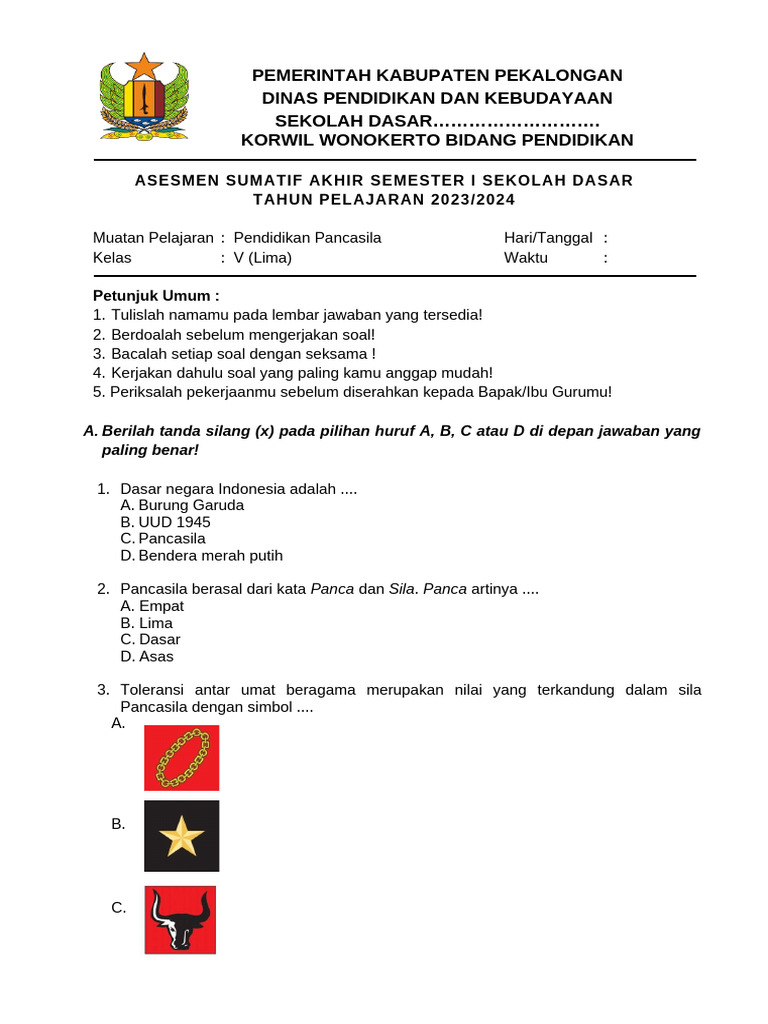 SOAL SAS 1 PEND.PANCASILA KLS 5 | PDF