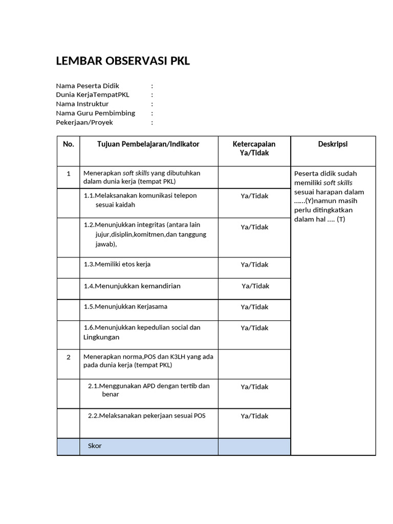 Lembar Observasi PKL | PDF