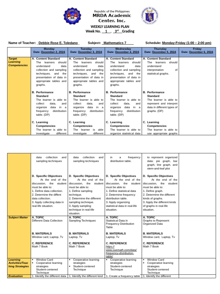 Weekly-Learning-Plan-3rd Quarter-Week 1-Math 8 | PDF | Sampling (Statistics) | Statistics