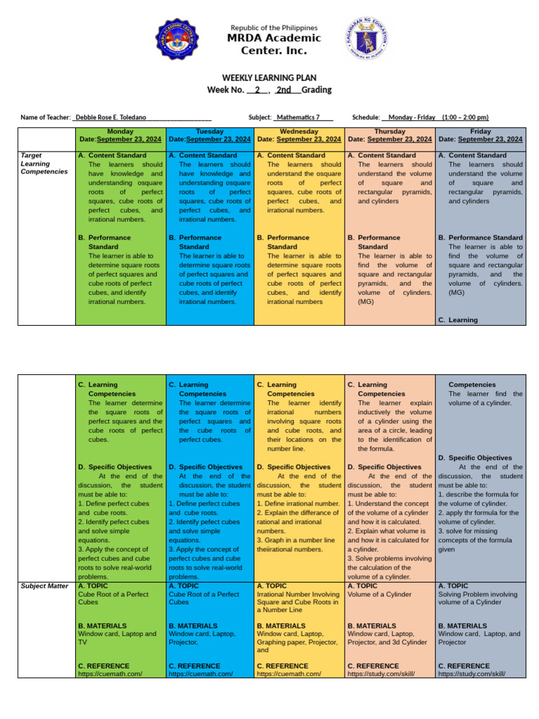 Weekly-Learning-Plan-2nd Quarter-Week 2-Math 7 | PDF | Volume | Numbers