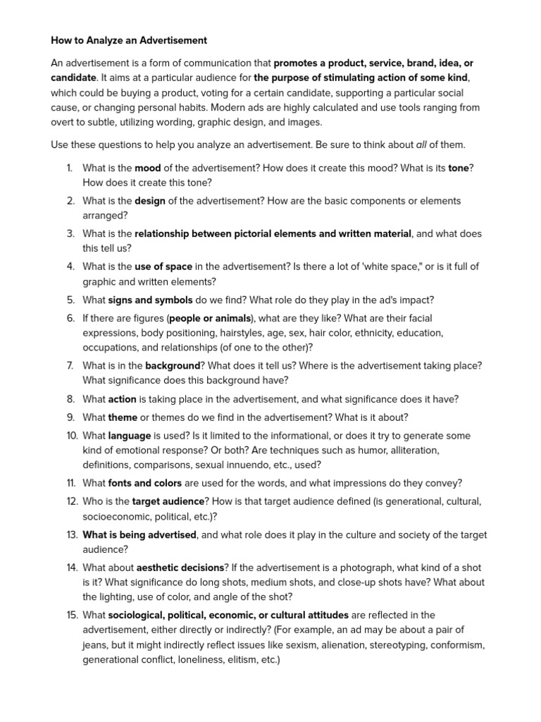 Advertisement Analysis Guide | PDF | Advertising | Communication