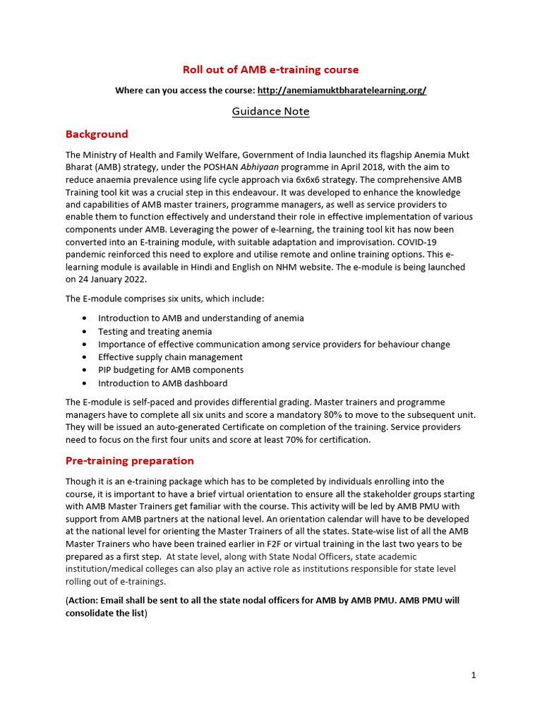 Guidance note for e-training module roll out | PDF