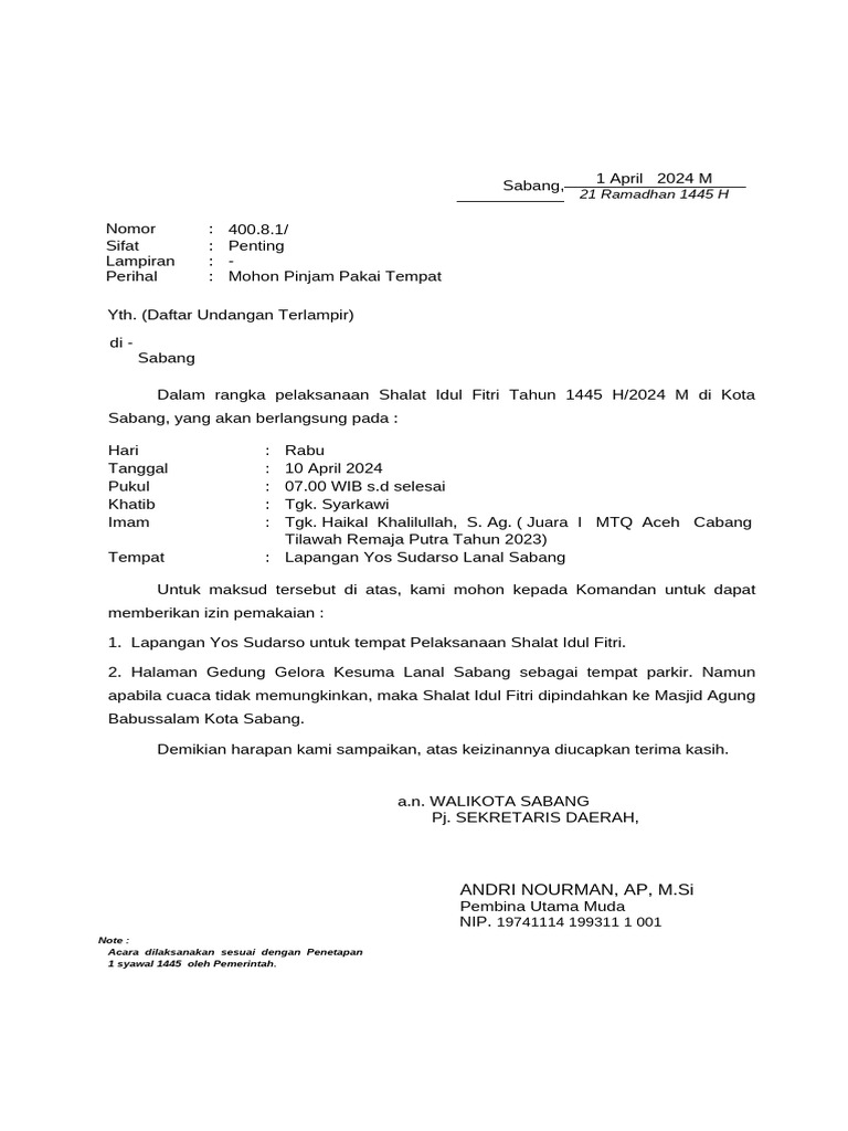 Surat Idul Firi 2024 Kop Setda | PDF