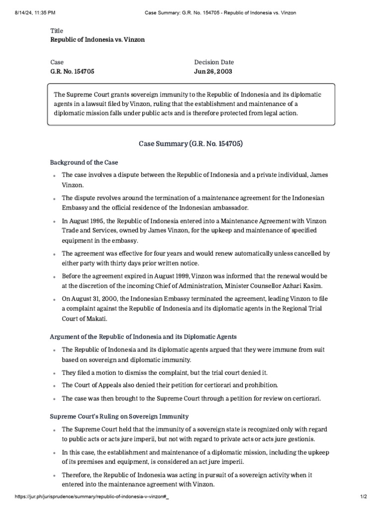 Indonesia Sovereign Immunity Case Summary | PDF | Lawsuit | Diplomatic Rank