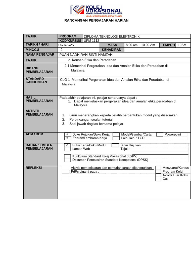 Tajuk Program Kod/Kursus Tarikh / Hari Masa Tempoh Minggu Kehadiran ...