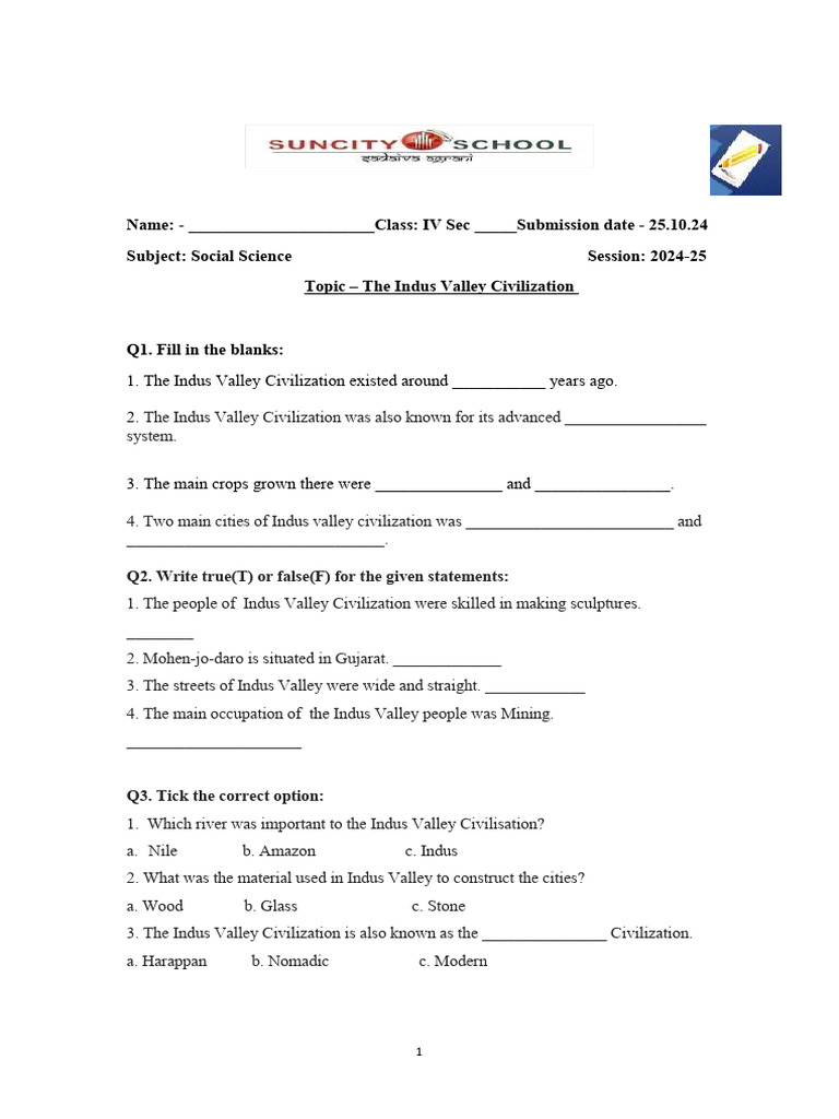 Indus Valley Civilization Worksheet | PDF | Indus River | Cultural ...
