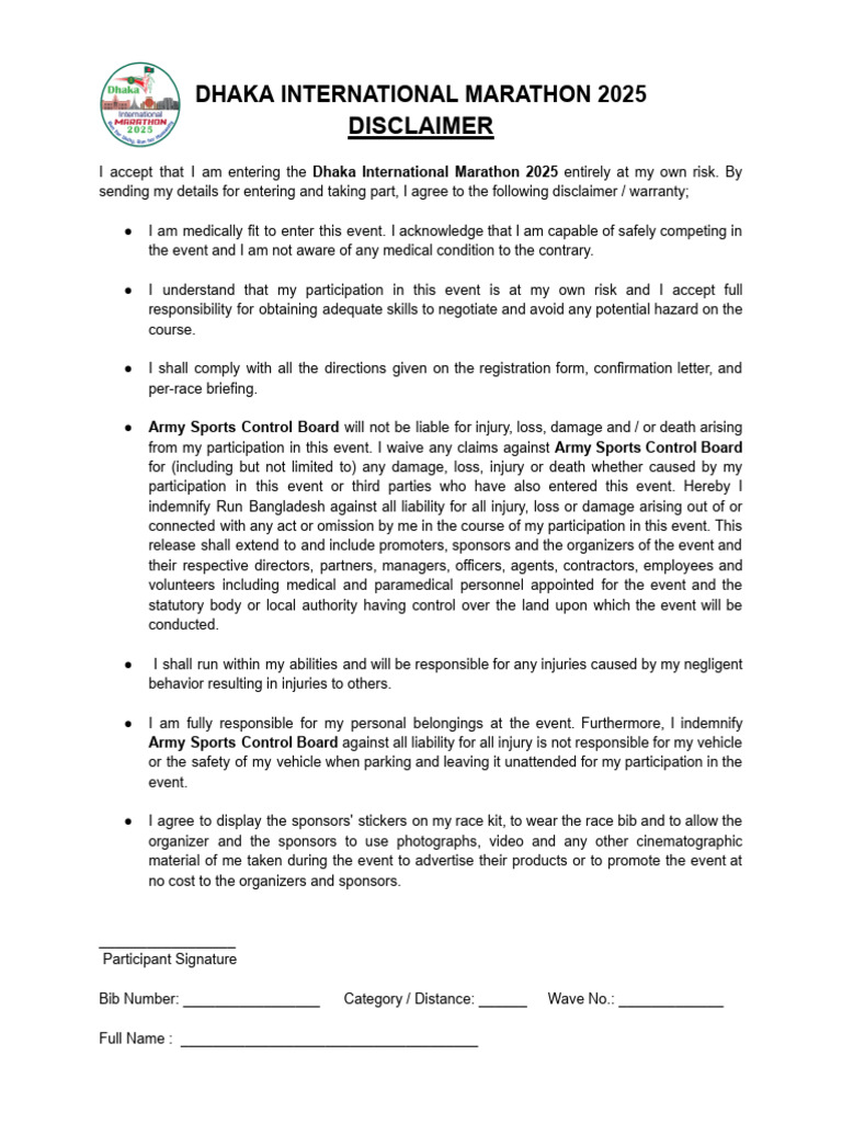 Disclaimer Form Dhaka International Marathon 2025 4 | PDF | Legal ...