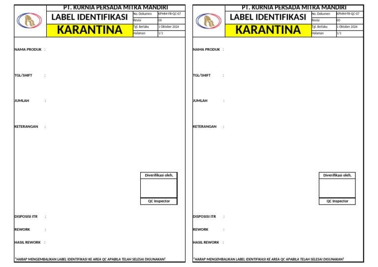 TAA-FR-QC-07 Form Label Produk Karantina(1) | PDF