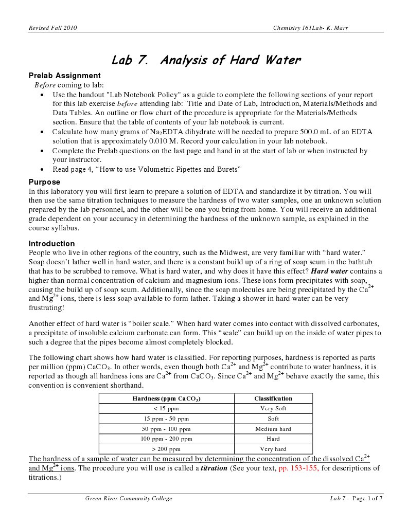 Lab 7. Analysis of Hard Water: Prelab Assignment | PDF | Molar ...
